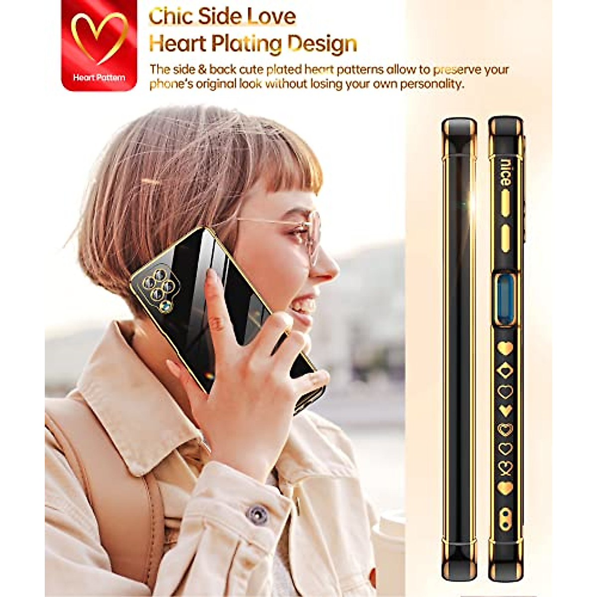 LeYi for Samsung Galaxy A12 Case with Tempered Glass Screen Protector [2 Pcs]+ Full Camera Lens Protection, Love Heart Plating Girly Women Cute Luxury Soft TPU Shockproof Case for Samsung A12, Black