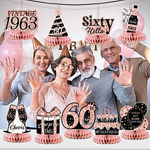 LITAUS, Rose Gold 60th Birthday Decorations Honeycomb Centerpieces for Table - Pack of 9 | 60th Birthday Table Decorations Women | Happy 60th Birthday Decorations