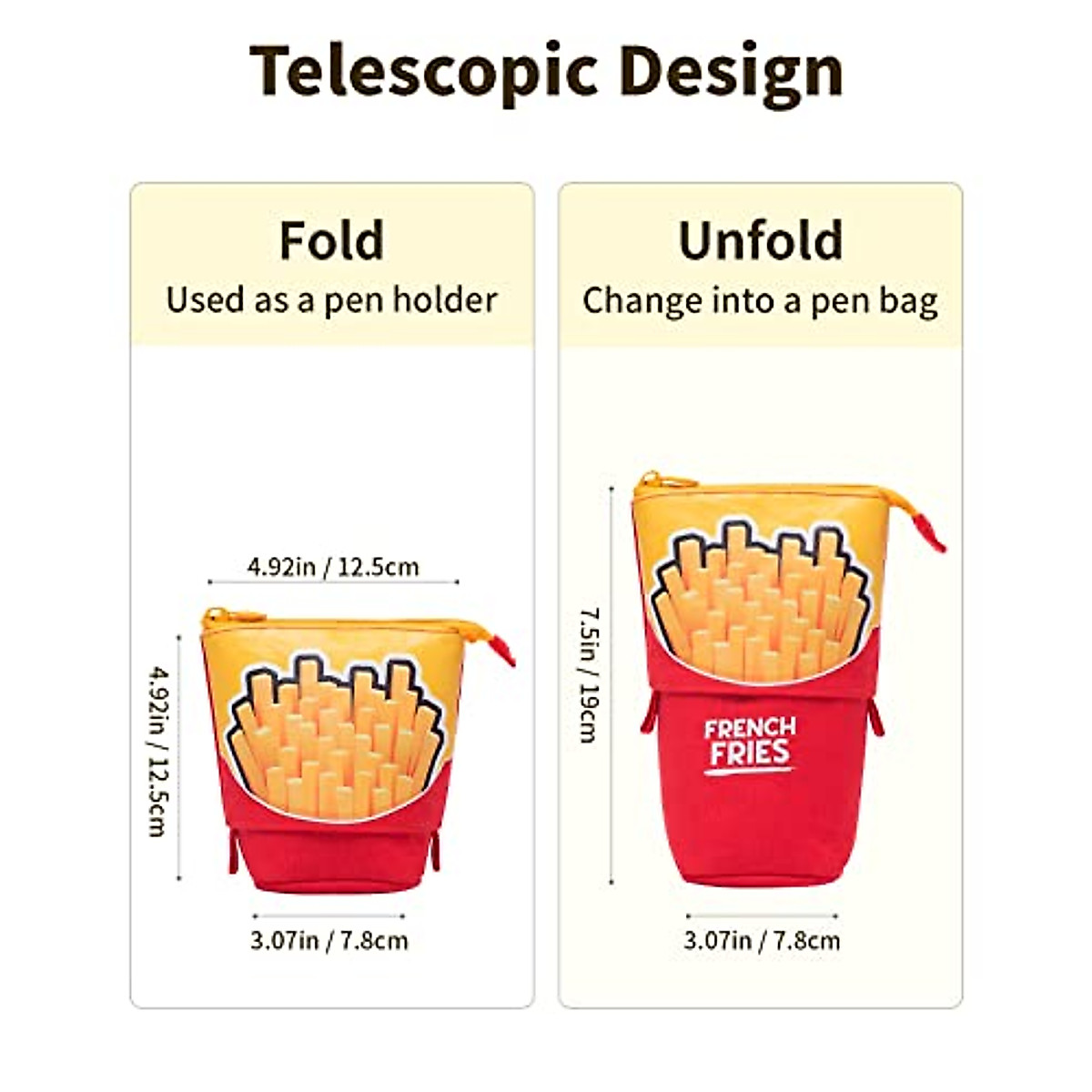 Sooez Standing Pencil Case, Cute French Fries Pop Up Pencil Case, Durable Pen Pouch, Telescopic Pencil Holder, Kawaii Stand Up Pencil Case, Spacious Pencil Pouch Portable Pencil Bag for School Office