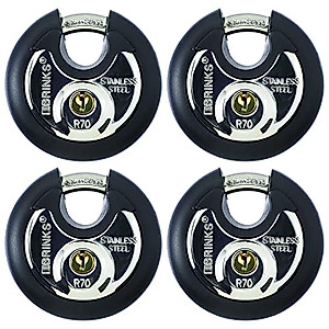 BRINKS Heavy Duty Padlocks & Keys 4 Pack 70mm Stainless Steel Keyed Alike Commercial Discus Keyed Lock for Storage Shed Garage Locker Sliding Doors Cabinets & More Round with Boron Shackle, Black