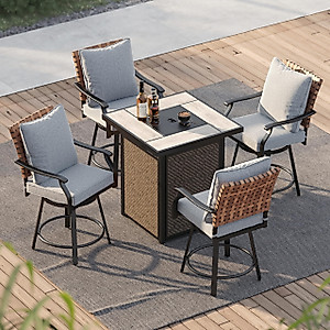 Grand patio 5-Piece Swivel Patio Bar Set with Fire Pit Table 40,000 BTU Heat Output, Leather-Look Wicker Outdoor Height Patio Bar Stools Set of 5, Patio Bar Height Chairs with High Back and Armrest