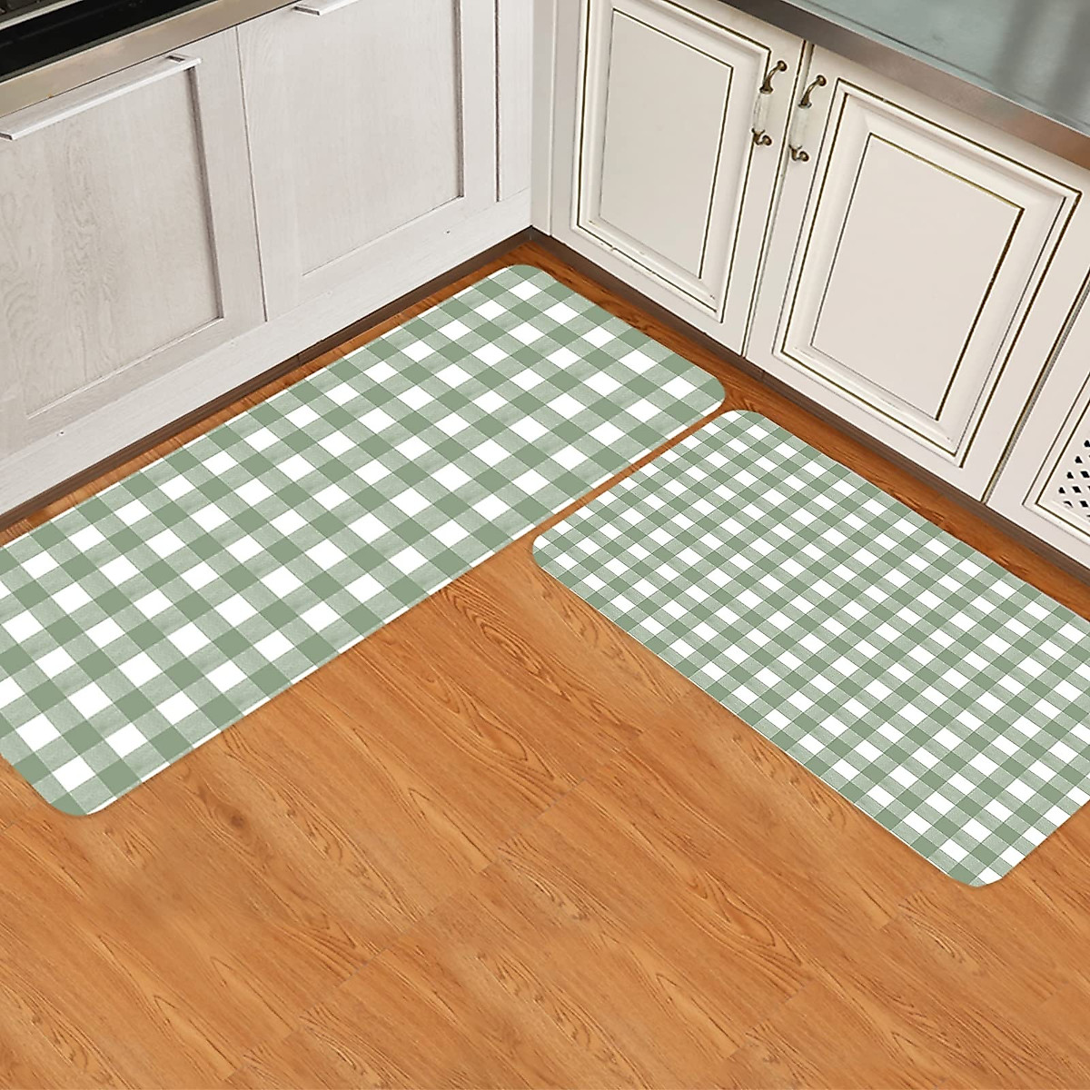 Sage Green Buffalo Plaid Kitchen Rug Set 2 Pieces Non-Slip Entryway Doormat, Farmhouse Green White Checkered Cushioned Runner Rug Standing Floor Rugs Door Mats, (20" x 32"+20" x 63")