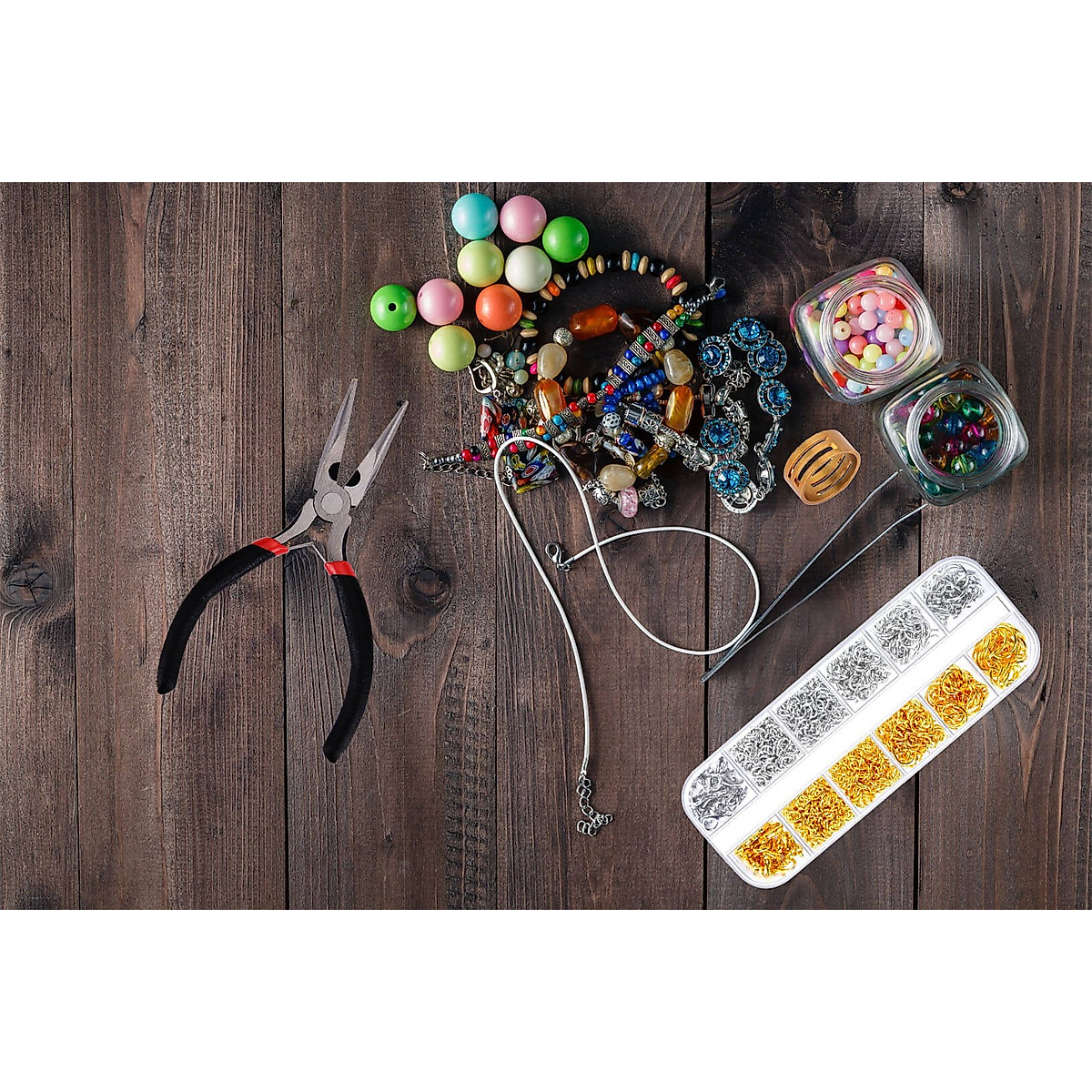 Paxcoo 1200Pcs Open Jump Rings and Lobster Clasps Jewelry Findings Kit with Pliers for Jewelry Making (Silver and Gold)