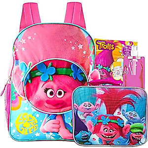 Trolls Backpack and Lunch Bag Set - 16” Trolls Poppy Backpack Bundle with Water Pouch, Stickers | Trolls Backpack for Girls