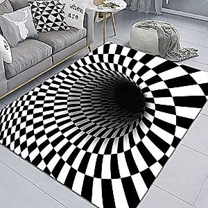 YAOC 3D Halloween Carpet Vortex Optical Illusion Rug Round Carpet Clown Doormat for Lvining Bedroom, Black White Plaid Round Rugs 3D Visual Optical Floor Mat (F-6)