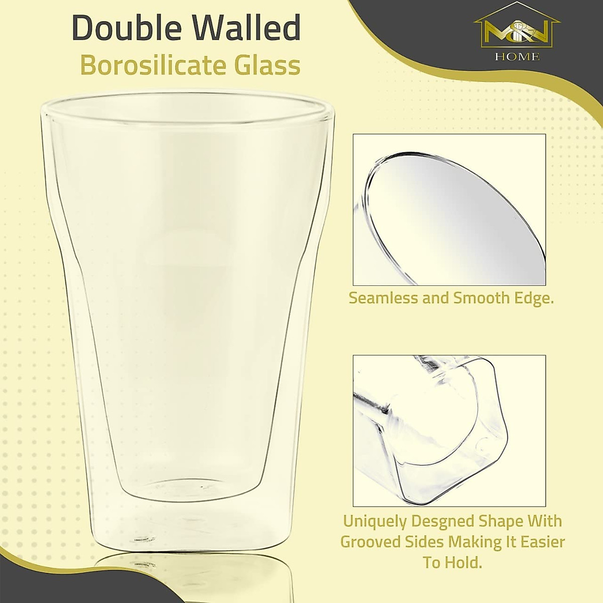 M&N HOME Double Wall Insulated Glass Tumbler Drink Glass, 13.5 Oz Highball Glass Cups for Beer, Lemonade, Iced Tea, Tropical Drink. Cocktail, Smoothie, Mojito - Set of Four