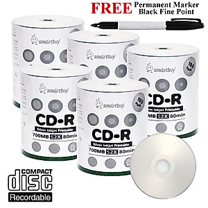 Smartbuy 500-disc 700mb/80min 52x CD-R Silver Inkjet Hub Printable Blank Media Disc + Black Permanent Marker