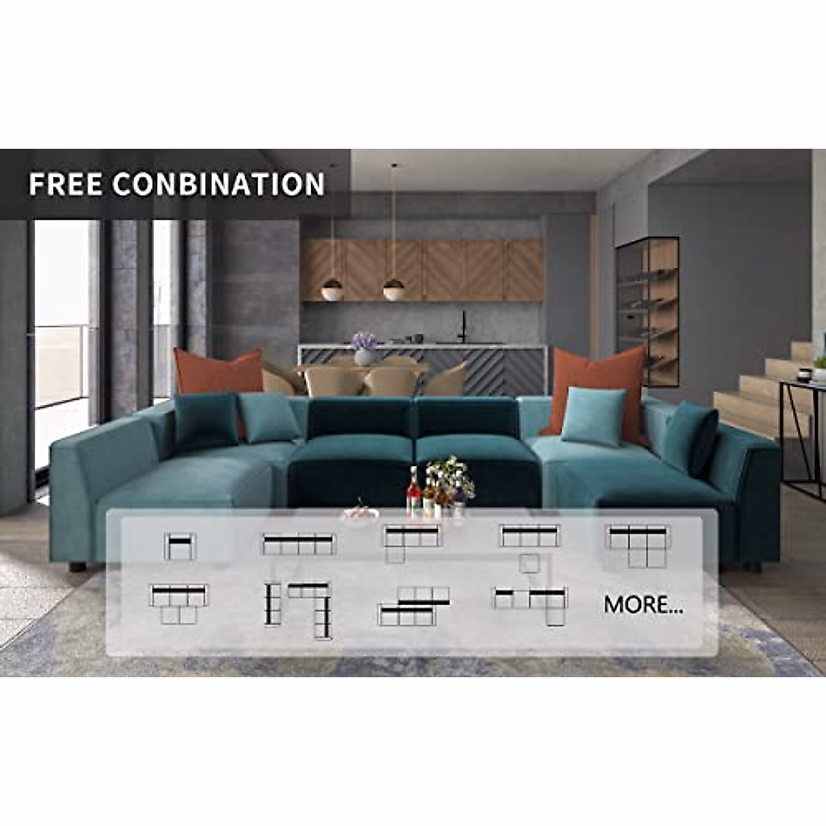 LLappuil Modern Modular Sectional Sofa Set, Low Back Minimalist Style Couch with Ottoman, Soft Fabric 10 Seater Oversized 153.5" U Shaped Sofa for Living Room, Aqua Blue