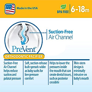 Dr. Brown's PreVent Orthodontic Baby Pacifier, Suction Free Air Channel, Contoured Butterfly Shield is Gentle on Face, Made in USA, Stage 2, 6-18m, 4-Pack, Glow in the Dark - Blue