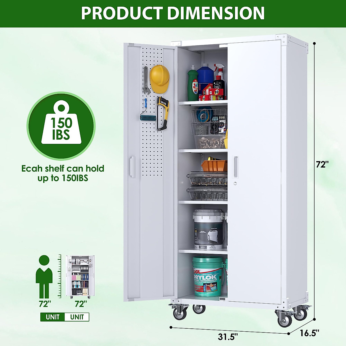 Aobabo Upgraded White Metal Storage Cabinet with Pegboard, 72In Rolling, Lockable Cabinet with 2 Doors & 4 Shelves for Office & Home， Assembly Required