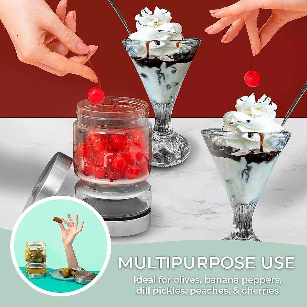 Flipjill Glass Pickle and Olives Jar with strainer flip, 34oz Glass jar, kitchen storage container, airtight glass jars, jar with lids