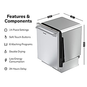 Honeywell 24 Inch Dishwasher with 14 Place settings, 6 Washing Programs, Stainless Steel Tub, UL/Energy Star- Stainless Steel