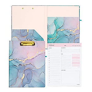 Blue Clipboard Folio with Daily Planner To Do List Notepad, Cute Clipboard Folder, Office Gift for Women, Teal Marble Clipfolio, Pastel Aesthetic Notebook, Clipboard Padfolio with Pocket