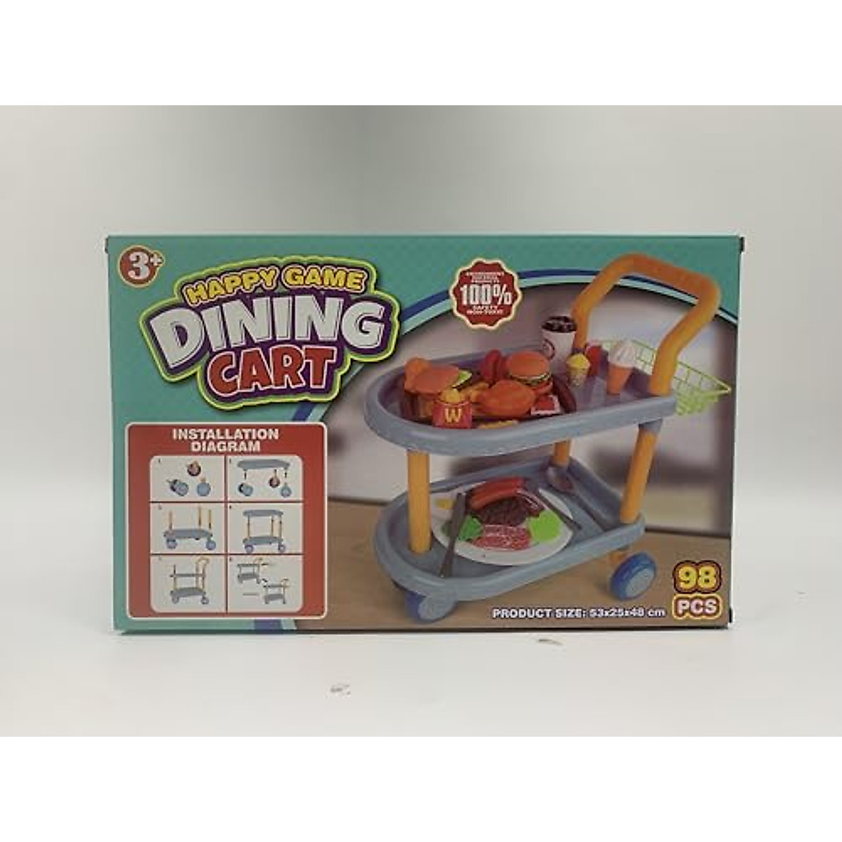 Kids Food cart Toy Sets,Kids Role Play Large Dining car Toys and 98pcs Food, Kitchen, Tableware Accessories., Educational Toys for 3+ Years Boys/Gir