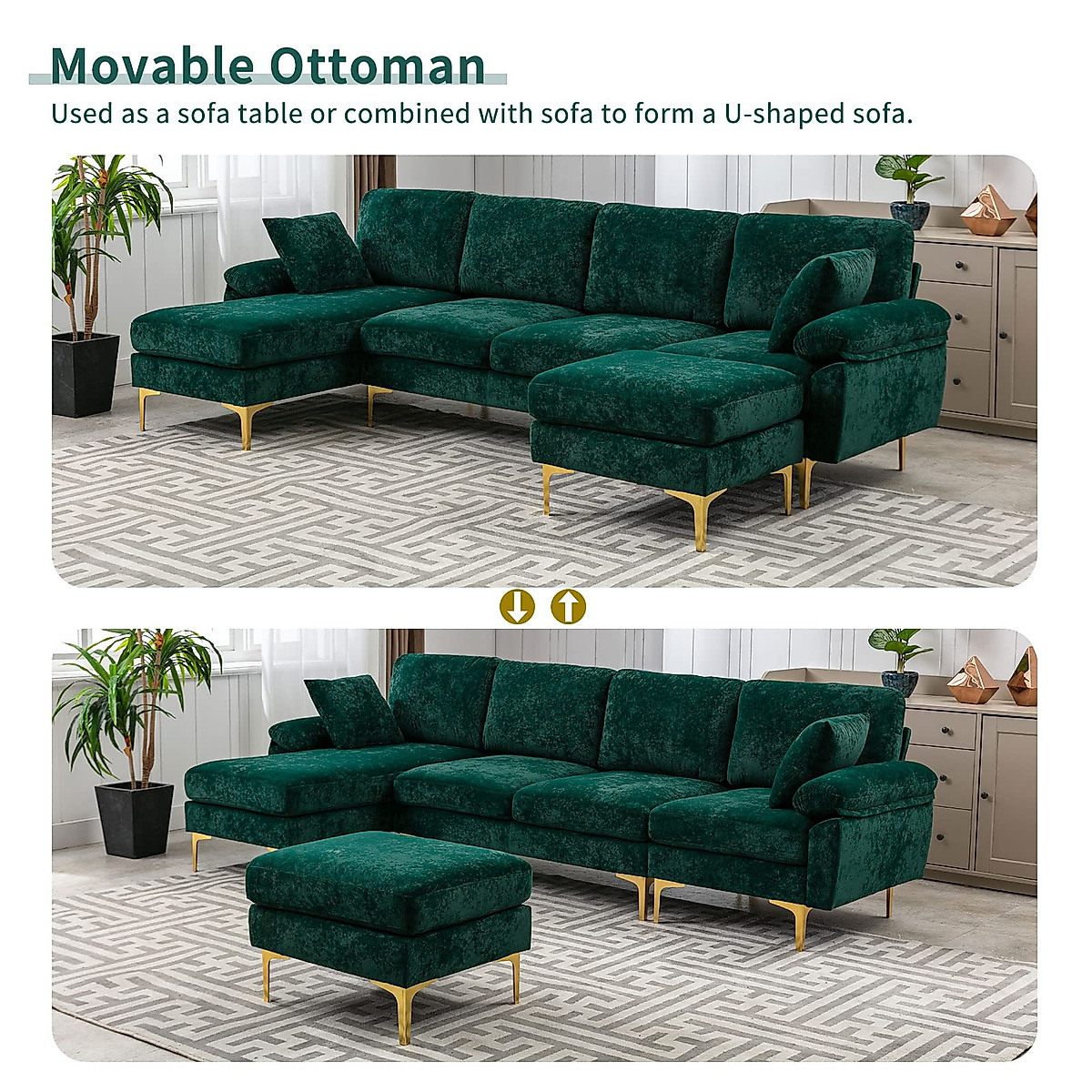 KIVENJAJA U-Shaped Sectional Sofa Couch, Modern Velvet L-Shaped Couch Set with Chaise Lounge, Ottoman and Pillows for Living Room Office Apartment, 114 inches (Emerald Green)