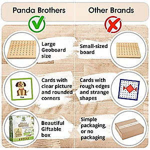 Panda Brothers Wooden Geoboard - Montessori Toys for 3 4 5 Year Old Kids and Toddlers, Educational Toy with 30 Pattern Cards and 40 Rubber Bands to Create Figures, Brain Teaser STEM Toy Geo Board