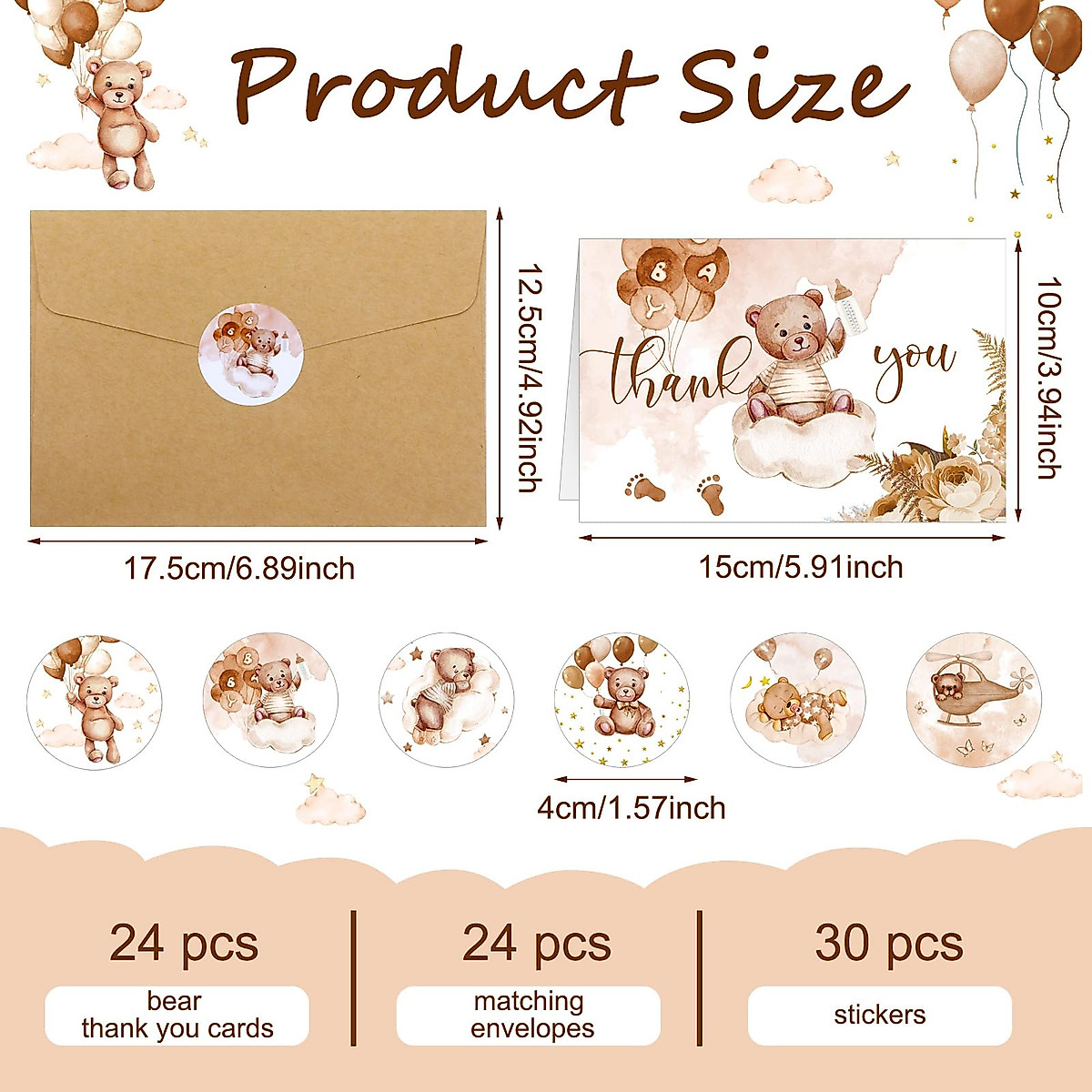 24 Pack Bear Baby Shower Thank You Cards with Envelopes and Stickers Set Blue Bear Kid Thank You Notes Blank Inside Watercolor Cards for Boy Girl Birthday Party