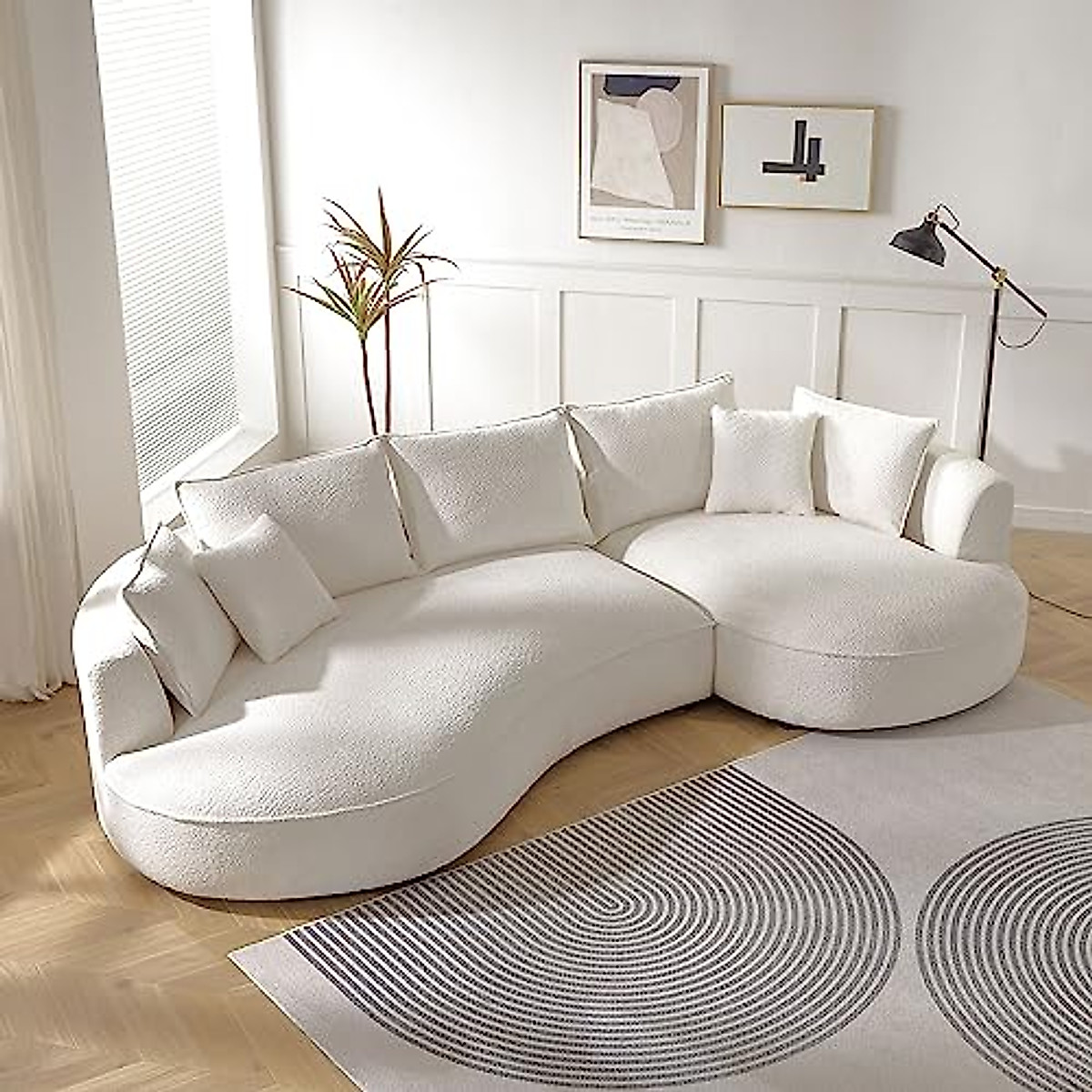 ERYE Luxury 6 Seats Teddy Boucle Freestanding Sectional Sofa, Modern Left Wide Chaise Comfy Leisure Couch with 7 Perfectly-Scaled Pillows, Oversized Sleek Curved Sofa&Couch for Living Room