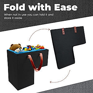 Home Tag Stair Baskets for Carpeted and Wooden Stairs - 16” L x 10” W x 16.5” H Foldable Staircase Basket with Leather Handles, Stair Step Storage Organizer for Home Office Decor (Black)