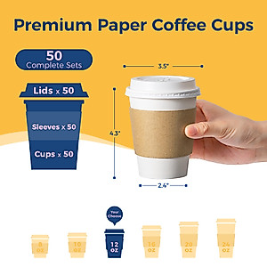 [50 Pack] White Coffee Cups with White Dome Lids and Brown Sleeves - 12oz Disposable Paper Coffee Cups - To Go Cups for Hot Chocolate, Tea, and Other Drinks - Ideal for Cafes, Bistros, and Businesses