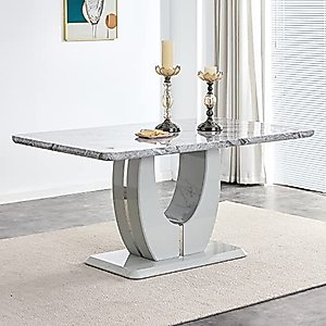 Modern Marble Dining Table for 4 6 8, Kitchen Dining Room Table with Grey Marble Tabletop and U-Shaped Bracket Pedestal, Dinner Table for Dining Room Kitchen(Grey)