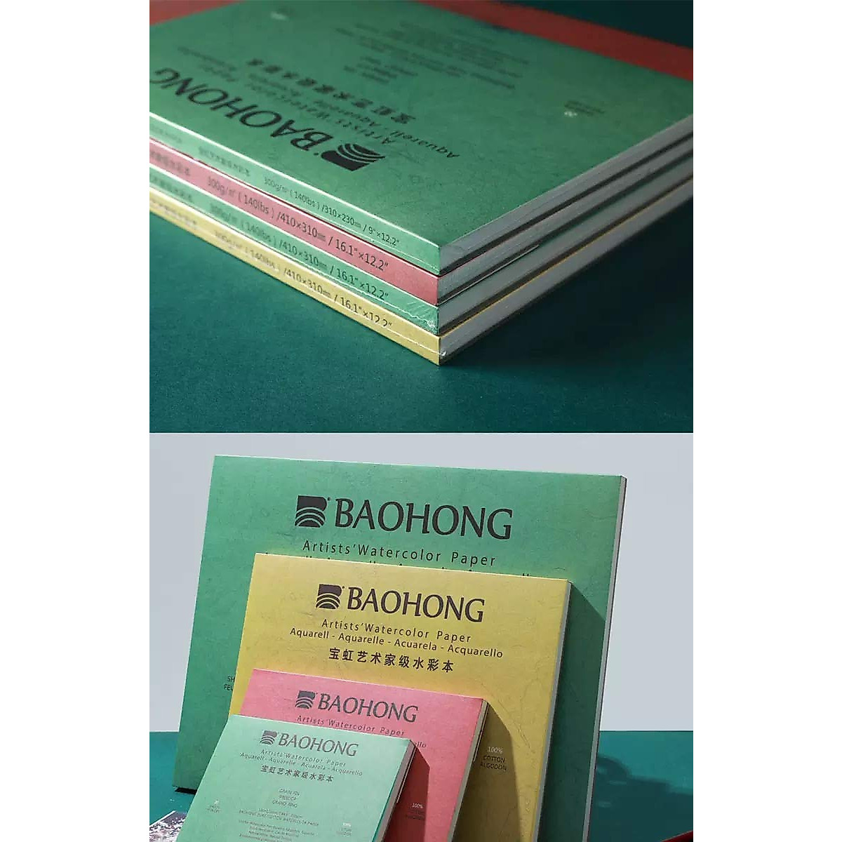 BAOHONG Artists' Watercolor Painting Block, Pack of 2, 40 Sheets 100% Cotton, Acid-Free, 140LB/300GSM, Cold Press Textured, Ideal for Watercolor Techniques, Colored Pencil and Pastel