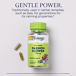 SOLARAY Passion Flower 700 mg Whole Aerial - Soothing Herbal Support - Passion Flower Capsules - Vegan, Non-GMO, 60-Day Guarantee, Lab Verified - 50 Servings, 100 VegCaps