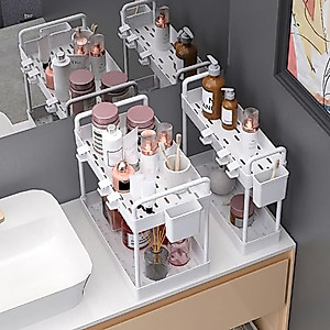 SLDMJFSZ 2-Tier Under Sink Organizer, Wide+Narrow Set Under Bathroom Cabinet Storage Organizer with Hooks, Hanging Cup,Black