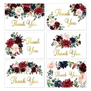 Whaline 36 Pack Floral Thank You Cards Bulk Watercolor Navy Burgundy Flower Greeting Cards with Envelope Sticker Gold Foil Spring Blank Note Cards for Wedding Birthday Baby Shower Party, 4 x 6 Inch