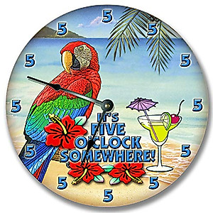 Lplpol Vintage Wood Hanging Wall Clock 5 O'Clock Somewhere Wall Clock Round Beach House Decor Bar House Warming Gift Parrot Martini New House Present Modern Cool 12 Inch Battery Operated Clock
