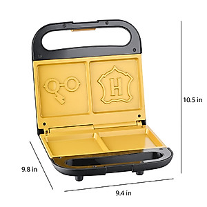 Warner Brothers Harry Potter Dual Sandwich Maker by Select Brands - Ceramic Coated Cooking Plates - Imprints Hogwarts Crest and Harry Potter Glasses on Toasted Sandwiches, Black and Gold, WBH-100SM