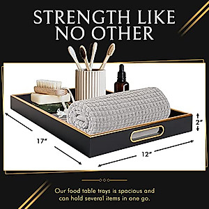 DIVERSITY TRADE Gold & Black Serving Tray w/ Handles – 17'' x 12'' Black Decorative Tray Large Ottoman TrayLiving Room Leak Proof Coffee Table Tray Glass Serving TrayOttoman Coffee Table (CX80225)