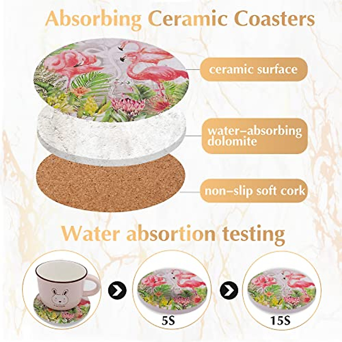 Pink Coasters for Drinks with Holder, Set of 6 Absorbent Ceramic Coaster, Tropical Flamingo Floral Style for Bar Wooden Coffee Tables, Cute Home Party Decor, Gift for Woman,4 Inches