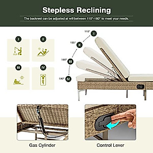 HOMREST Outdoor Chaise Lounge Chair Set of 2, Patio Wicker Lounge Chair with Pneumatic Adjustable Backrest, Rattan Pool Sunbathing Lounge Chair Suitable for Outside with Removable Cushion (Khaki)