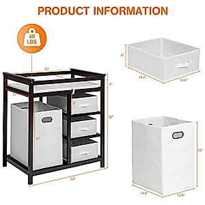 Lovin&Hugin Changing Table, Baby Diaper Changing Table with Laundry Hamper, 3 Storage Baskets and Removable Pad, Brown