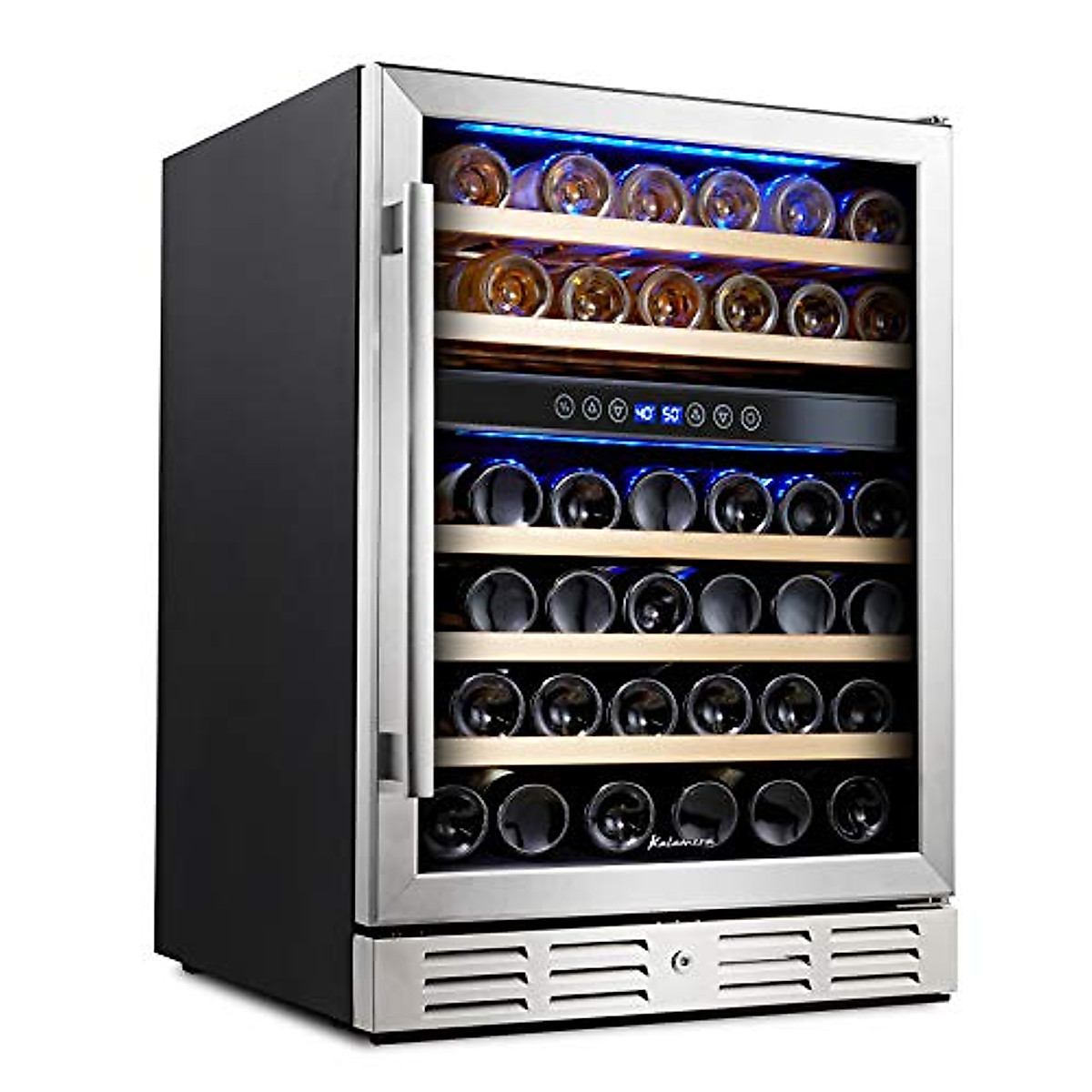 Kalamera 24'' Wine Cooler Refrigerator 46 Bottle Dual Zone Built-in or Freestanding Fridge with Stainless Steel & Triple-Layer Tempered Reversible Glass Door and Temperature Memory Function