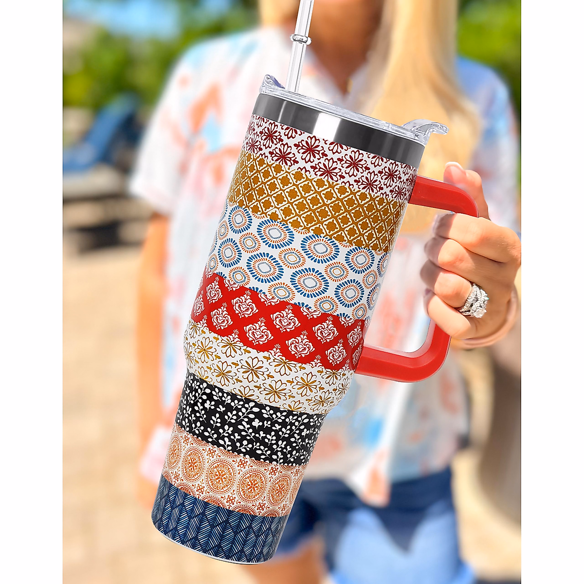 omezin 40 Oz Boho Tumbler With Handle 40oz Boho Tumbler With Lid Straw Double Insulated Travel Coffee Mug Womens Boho Cup Gifts