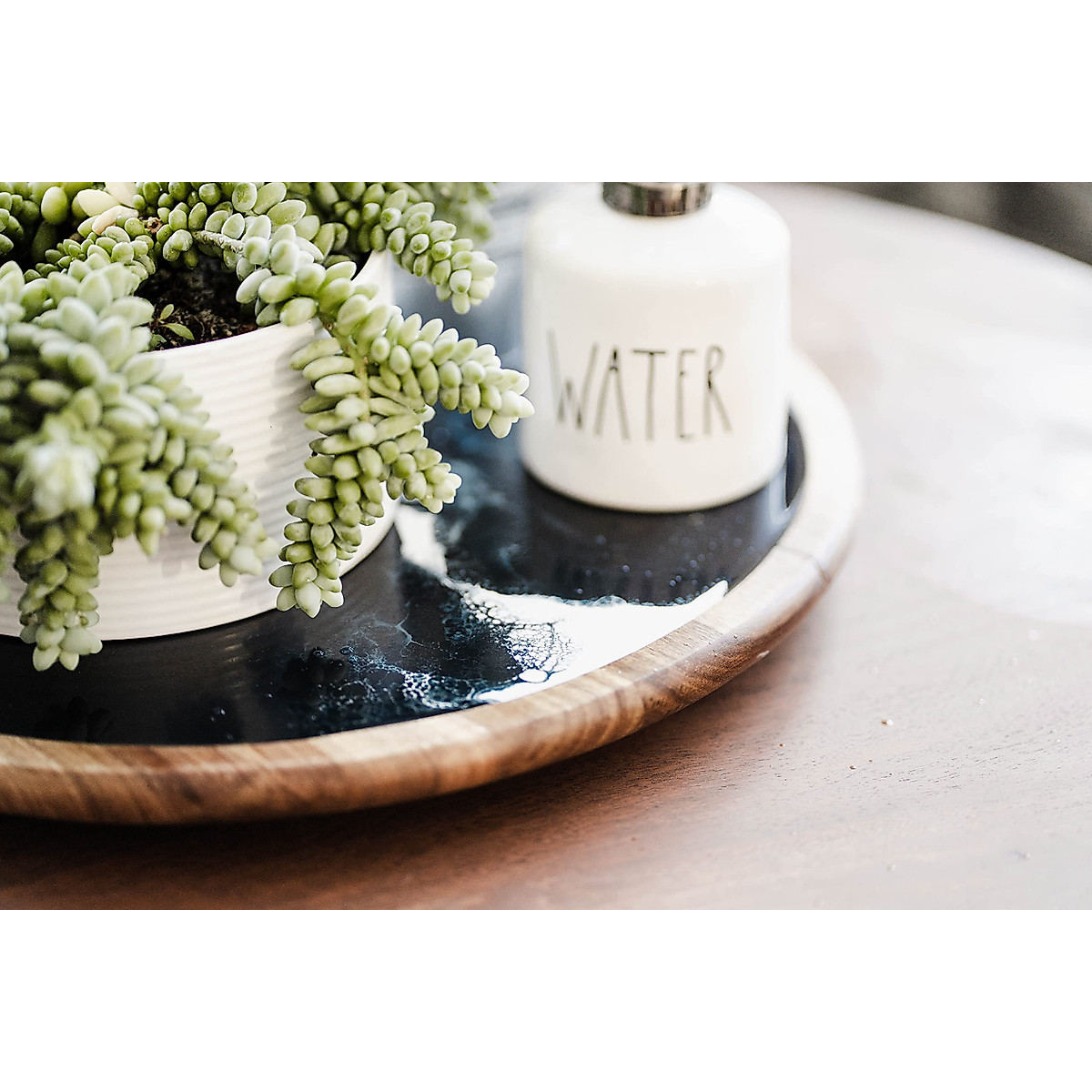 Lynn & Liana Designs Acacia Lazy Susan Tray, 15-inch Length, Navy White Metallic