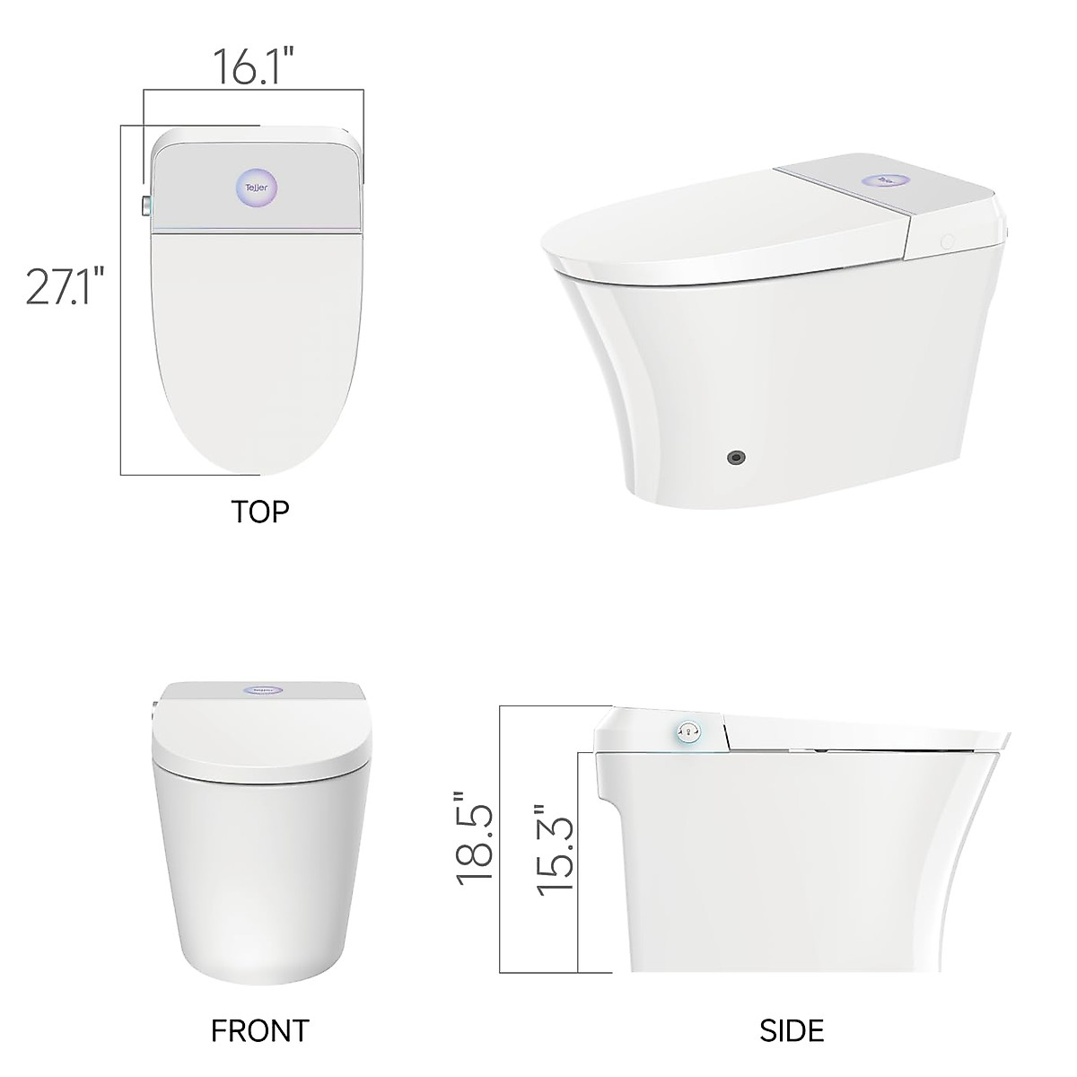WELLFOR Smart Toilet Bidet Elongated, with Remote, 4 Water Temperatures, 0.15-0.75Mpa Water Pressures, Auto Flush, 4 Drying Temperature Heated Seat, Water-air Mixed Spray, White