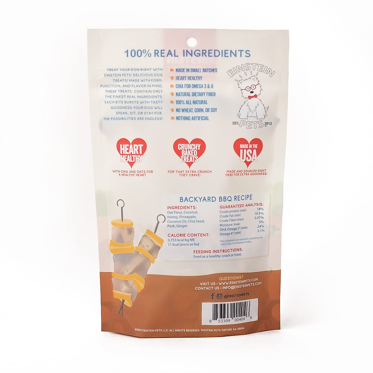 Einstein Pets Everydays Backyard BBQ Crunchy Heart Shaped Treats, All Natural Protein Packed Organic Dog and Puppy Baked Biscuit Training Treat, Pork, Pineapple Honey Recipe with CHIA 6, Ounce Bag