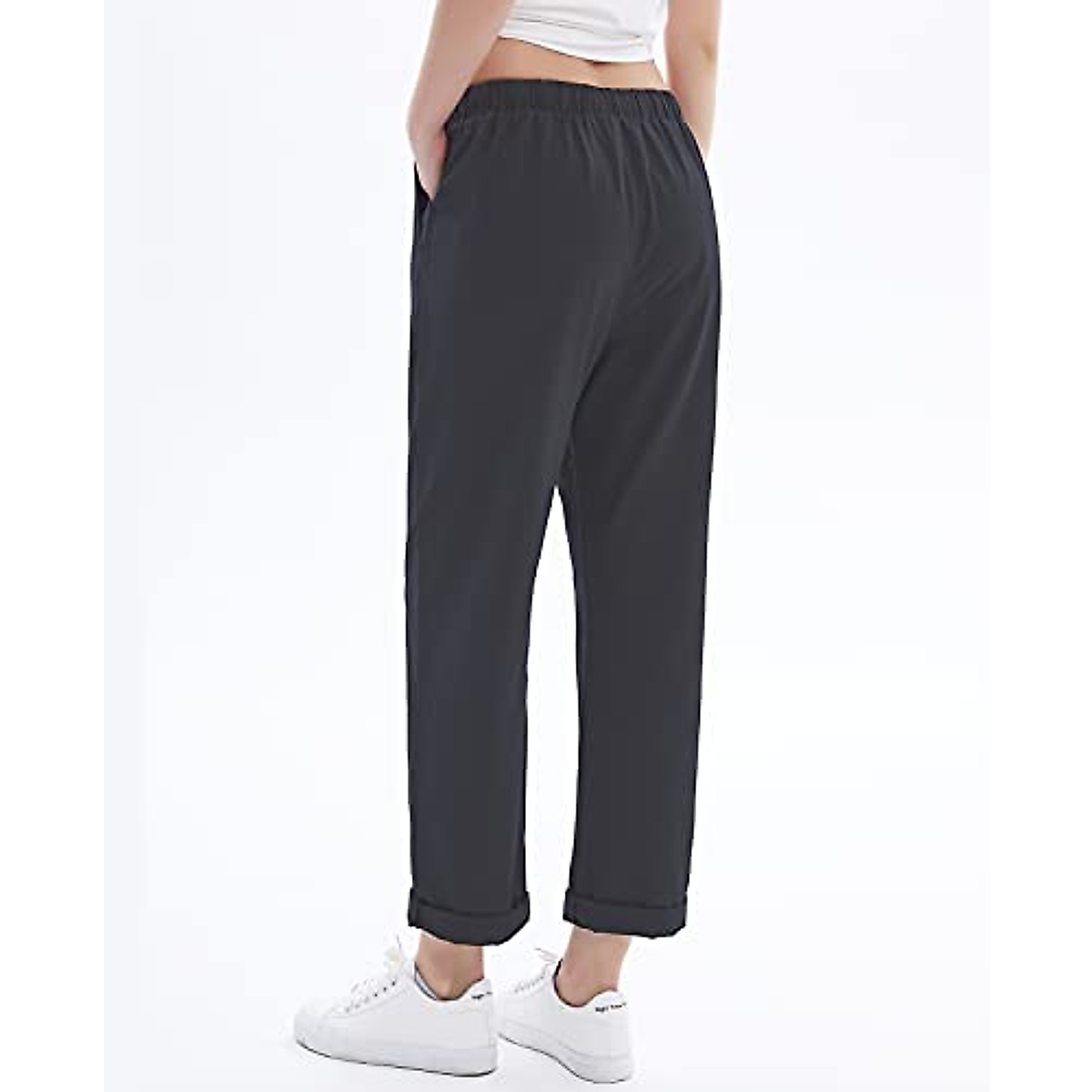 Lisskolo Women's Drawstring Linen Pants Women Cotton Elastic Waist Wide Leg Cropped Pant X-Large Black