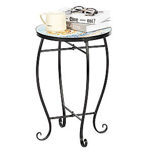 GBNIJ gt5-ly Blue Hawaii Inlaid Stained Glass Sun Mosaic Round Terrace Tavern Table, Suitable for Garden Plant Side Table​​, Any Beach Theme Decoration