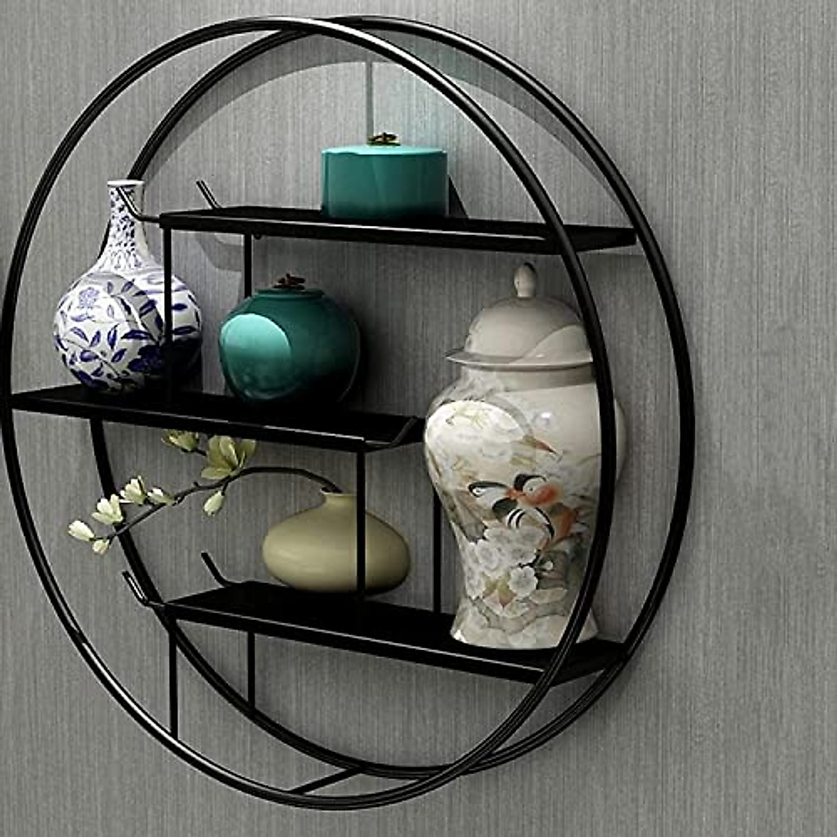 Bedroom Storage Shelf Multipurpose Wall-Mounted Decorative Shelf Metal Iron Round Display Stand/Floating Shelves Creative Living Room,Black,60cm