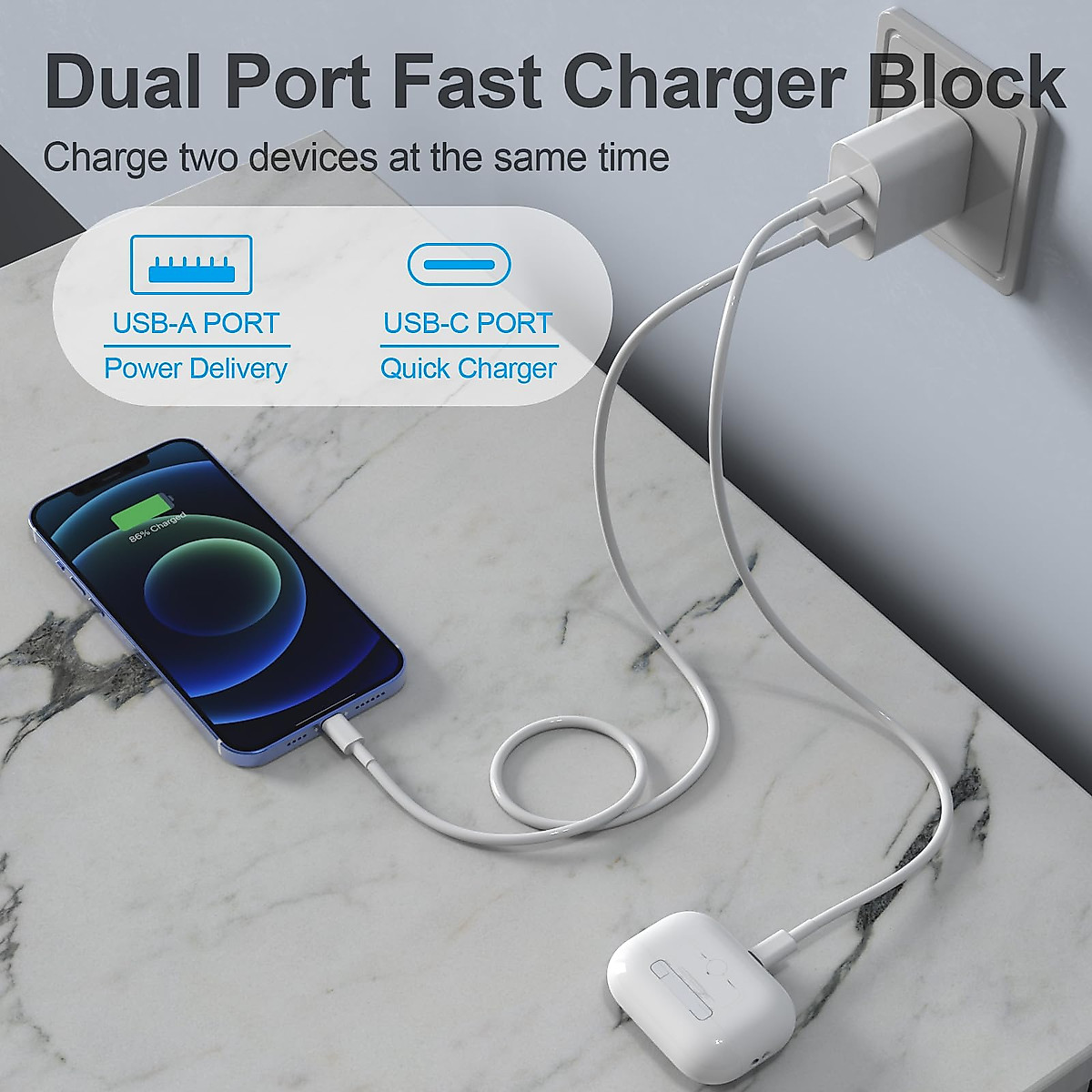 20W Dual Port Fast Charger Block 2-Pack with 6FT & 10FT MFi-Certified Cables, PD/QC3.0 Quick Charge Adapter for iPhone 14/13/12/11 Pro Max/XS/XR/X, iPad, AirPods Pro - Overheat & Surge Protection