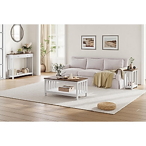 ChooChoo Farmhouse End Tables Set of 2, Narrow Side Tables for Small Spaces, Night Stands with Storage Shelf for Living Room and Bedroom, White and Brown