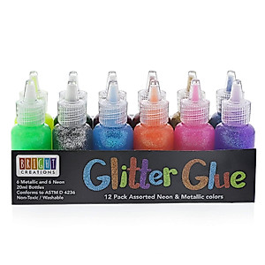 Neon Metallic Glue with Glitter Bottles for Arts and Crafts (20 ml, 12 Pack)