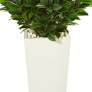 Nearly Natural 63-in. Bay Leaf Cone Topiary Artificial White Planter UV Resistant (Indoor/Outdoor) Silk Trees, Green