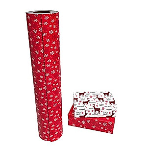 WRAPAHOLIC Jumbo Reversible Christmas Wrapping Paper - 30 Inch X 100 Feet Jumbo Roll Red White Snowflakes and Reindeer Design