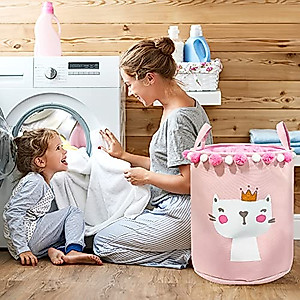 Cute Babys Laundry Basket - Kids Laundry Hamper for Girls, (Cat) Collapsible Thicken Durable Toys Organizer Storage Round Baskets and Nursery Bedroom Decor (Pink）