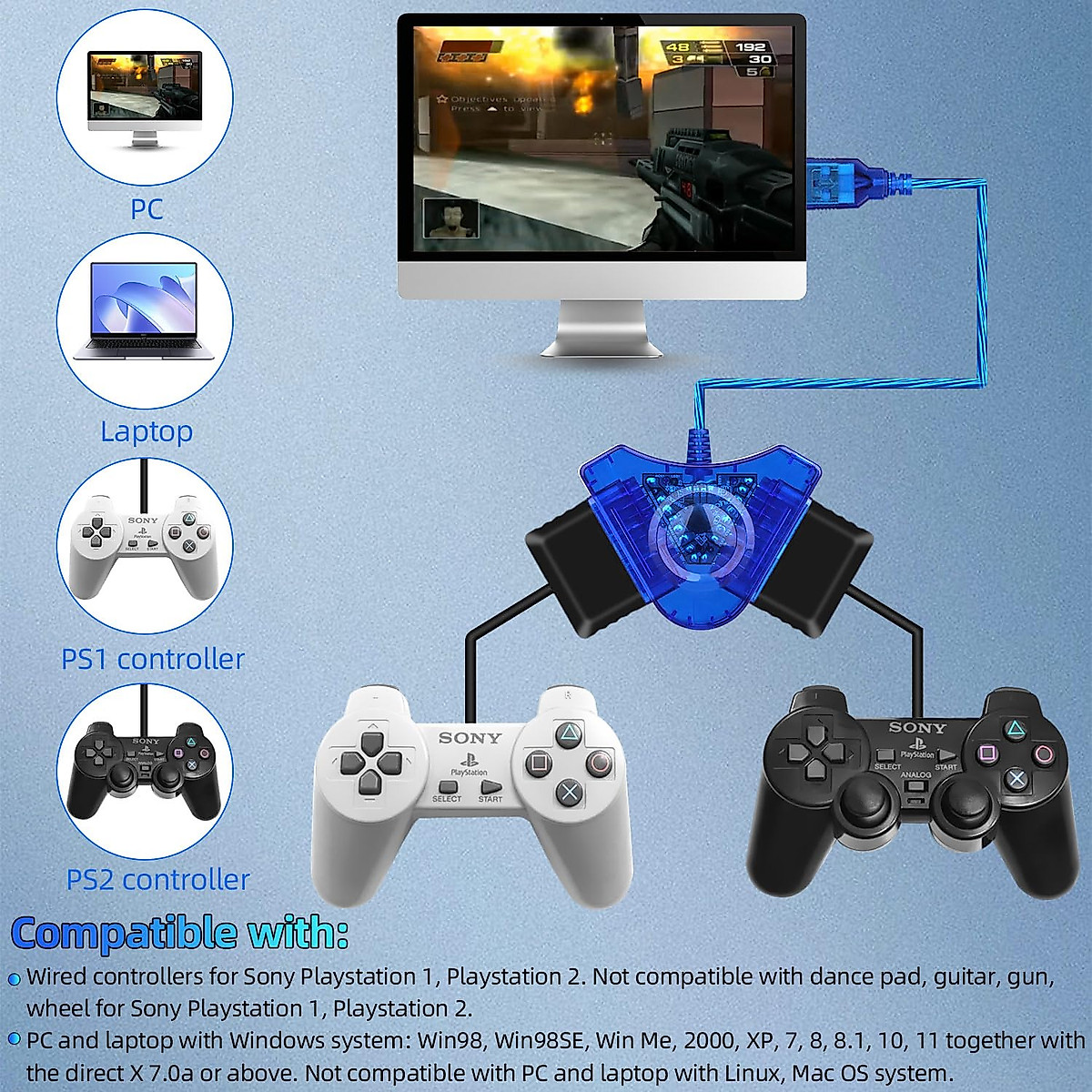 OSTENT Dual USB Adapter Converter Cable Cord for Sony PlayStation 1/2 PS One PSX Wired Controller Gamepad Joystick to PC Laptop